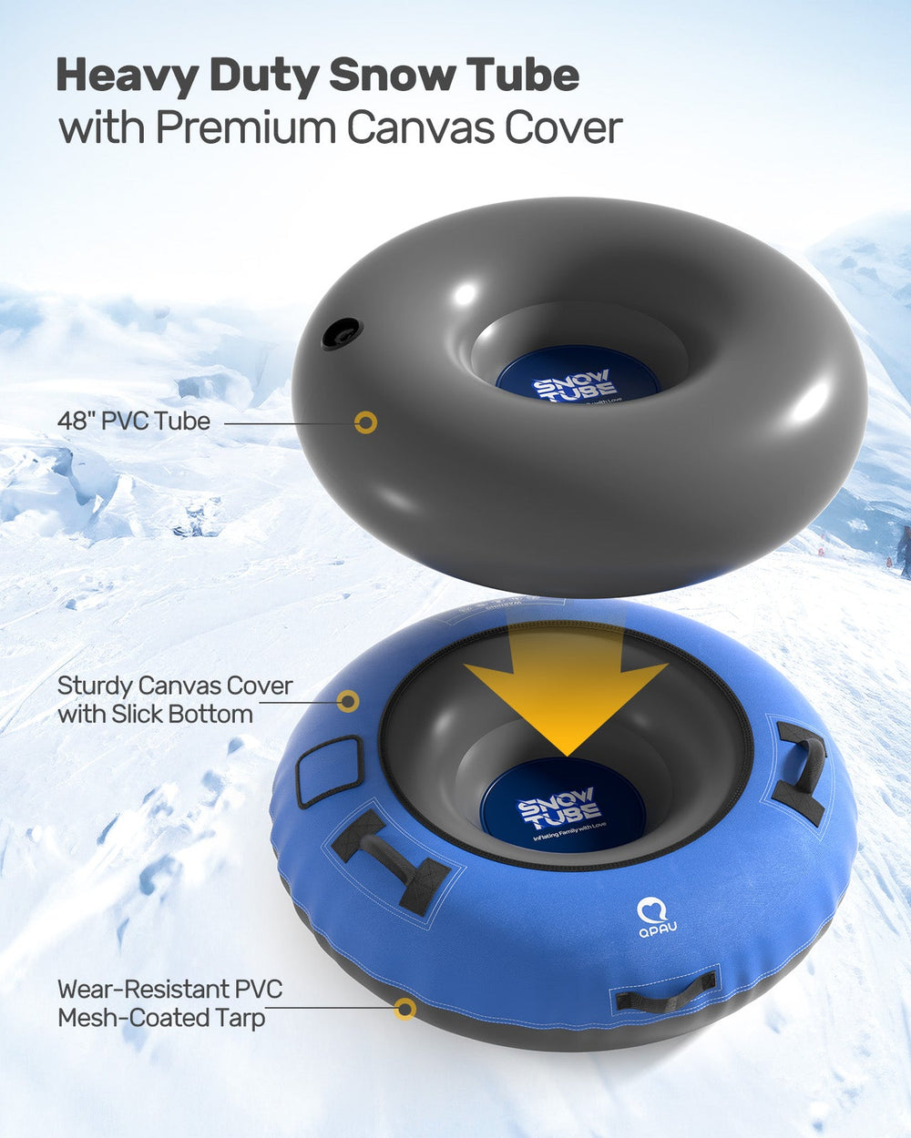 QPAU 48" Inflatable Snow Tube & Sled for Kids & Adults with Canvas Cover
